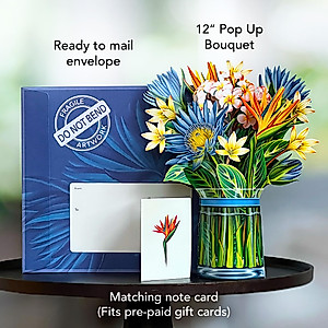 Freshcut Paper Pop Up Cards, Tropical Bloom, 12 inch Life Sized Forever Flower Bouquet 3D Popup Greeting Cards with Note Card and Envelope - Birds of Paradise & Lotus Blossom Flowers