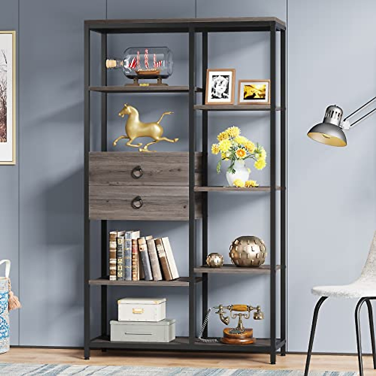 LITTLE TREE Reversible Bookshelf with 2 Drawers, 5 Tier Tall Bookcases Wood Open Bookshelves Display Book Shelf Decorative Storage Shelves for Living Room Bedroom, Black Rustic Gray