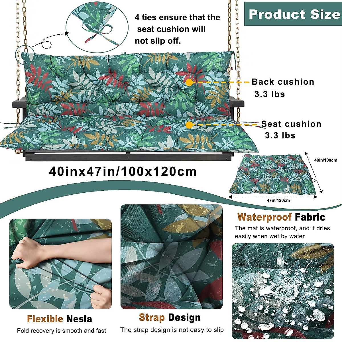 HIYEN Porch Swing Cushions 3 Seater Replacement, Waterproof Bench Cushions for Outdoor Furniture with Backrest, 4" Thickened Patio Swing Cushion with Ties (Flower, 47 * 40 inch)