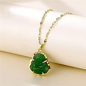 COLORFUL BLING 18k Gold Plated Laughing Buddha Pendant Necklace Green Jade Cubic Zirconia Gemstone Lucky Amulet Jewelry for Women Men-Green 2