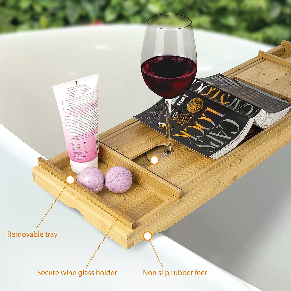 Brookstone, Over the Tub Bamboo Bath Caddy with Wine Holder, Bath Tray with Tablet, Phone, and Book Stand, Separate Soap Holder, Expandable up to 43 inches