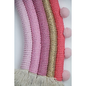 Macrame Pastel Rainbow with Pompoms and Tassels, Wall Hanging Accent for Girls, Boho Kid Room Decor, Adorable Baby Shower or Awesome Birthday Gift Pink, 14x11 inches