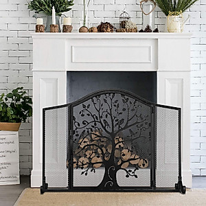 MyGift Black Wrought Iron Fireplace Screen Door with Silhouette Tree & Bird Design