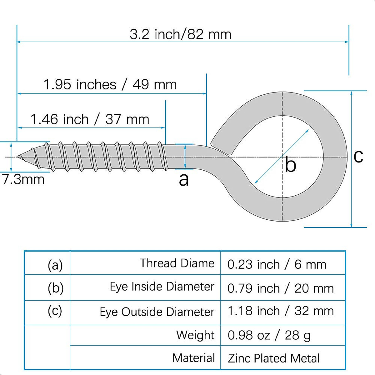EUCARLOS 10 Pack 3.2 Inches Screw Eyes, Heavy Duty Screw in Eye Hooks for Securing Cables Wires, Self Tapping Screws Eye Bolts for Indoor & Outdoor Use