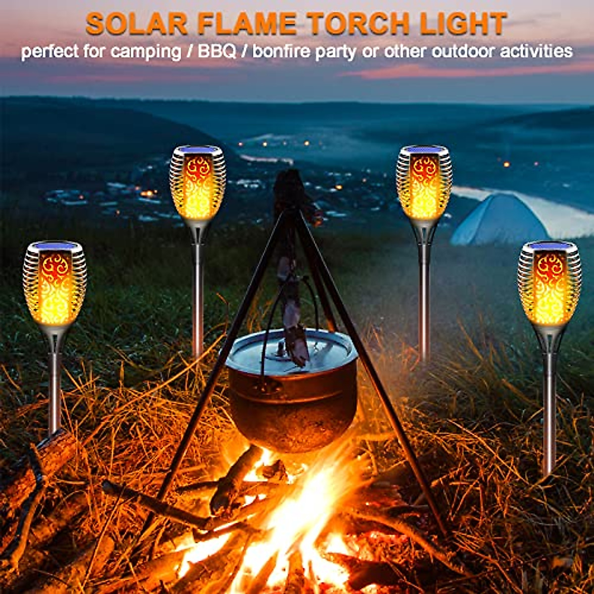 LazyBuddy Solar Torch Light with Flickering Flame, Upgraded 3 in 1 Solar Fire Lights Outdoor Hanging Lanterns, Large Solar Powered Christmas Decorations Tiki Torches for Garden, Pathway, Lawn, Yard