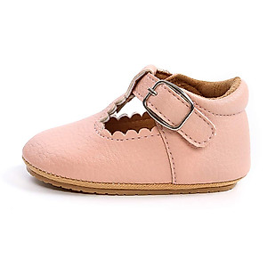 Baby Girls Mary Jane Flats Rubber Sole Infant Toddler Walking Shoes Moccasinss Princess Crib Wedding Dress Shoes, Pink 6-12 Months