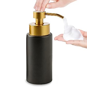 Ceramic Foaming Hand Soap Dispenser for Bathroom, Elegant Matte Bottle with Golden Pump (Black)