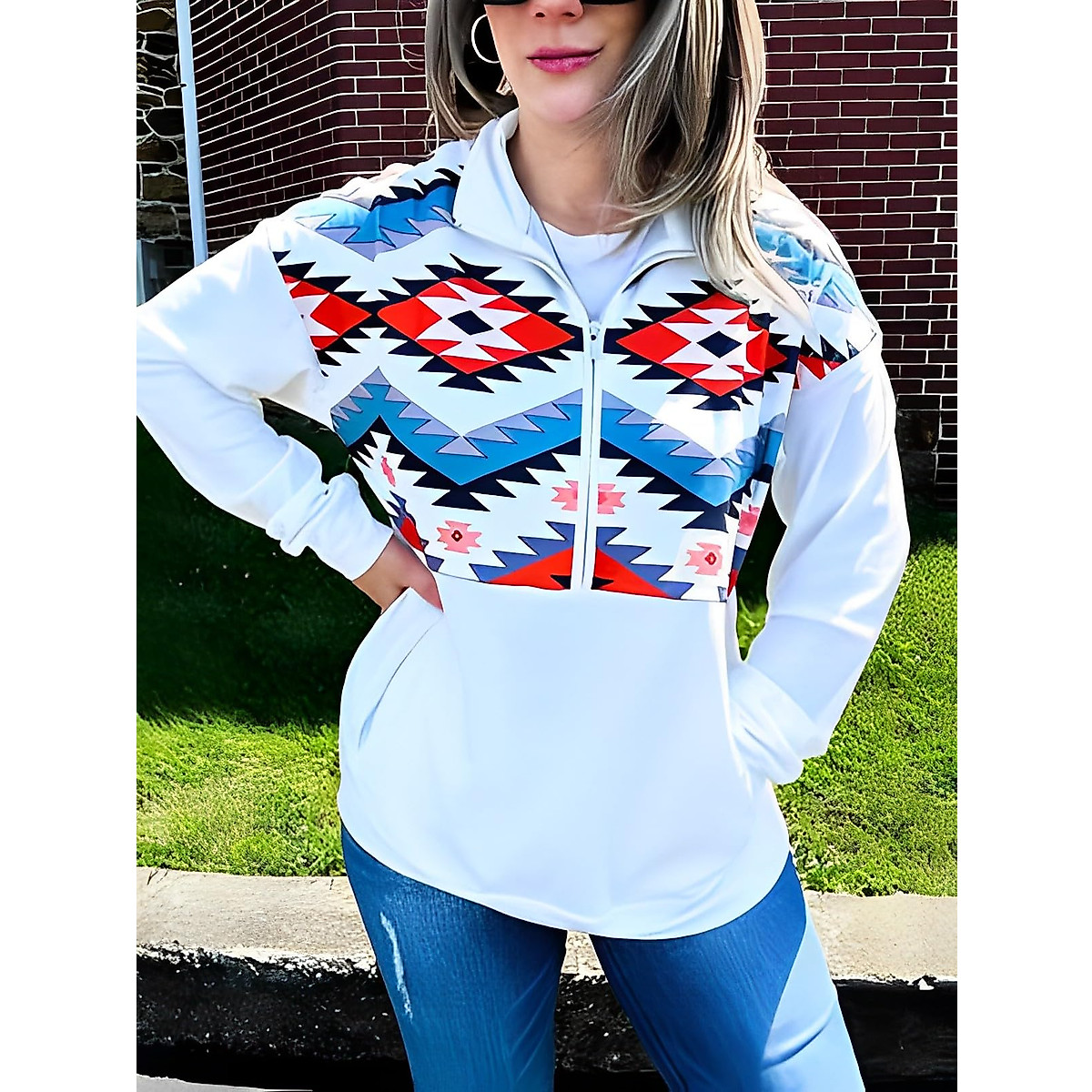 Fronage Women's Half Zip Sweatshirt Western Aztec Sweater, Casual Long Sleeve Mexico Ethnic Graphic Pullover Tops White, L