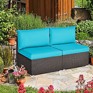 DORTALA 2 Piece Wicker Sectional Armless Chairs, Outdoor Rattan Sectional Sofa Set w/Cushions for Seat and Back, Additional Seats for Garden Balcony Patio Poolside, Turquoise