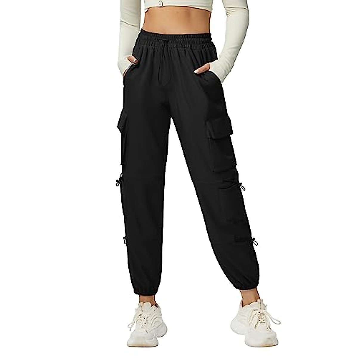 DLOODA Quick Dry Cargo Pants Lightweight Tactical Hiking Pants with 6 Pockets for Women, Elastic Waist and Water-Resistant Black