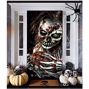 Terrible Halloween Party Door Cover Banner Scary Halloween Party Decoration Supplies Horror Halloween Party Decoration for Front Door Wall Window Halloween Haunted House Door Cover Enter If You Dare