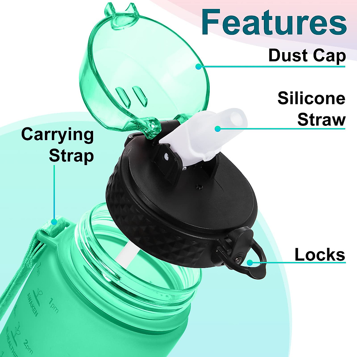 AIDEAMART 24 OZ Motivational Kids Water Bottle With Time Marker,Straw Lid,Leak Proof, Tritan BPA Free Sports Water Bottle Green-Blue(1 Lid)