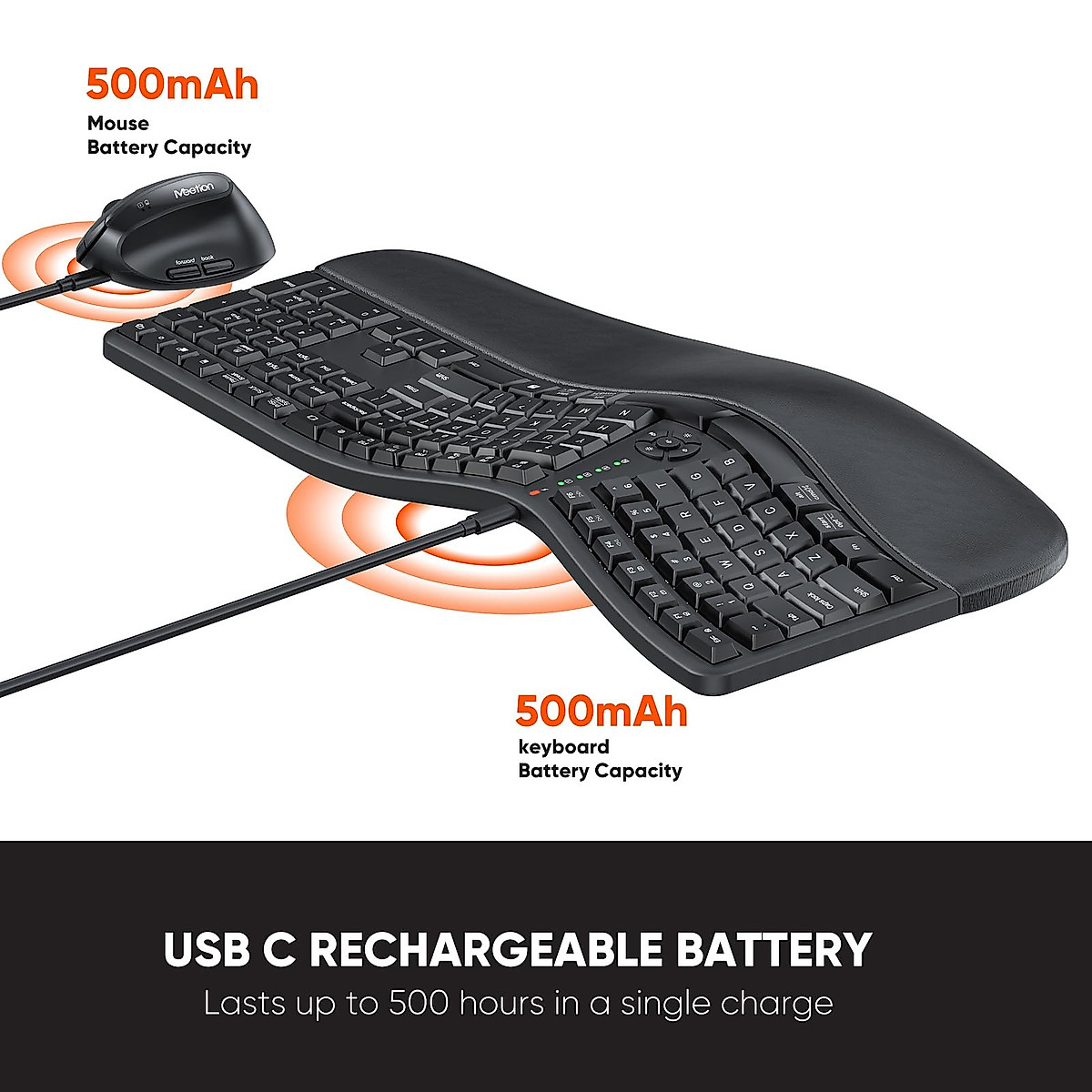 MEETION Ergonomic Wireless Keyboard and Mouse, Ergo Keyboard with Vertical Mouse, Split Arch Keyboard with Cushioned Wrist Palm Rest, Natural Typing Rechargeable Full Size, Windows/Mac/Computer/Laptop