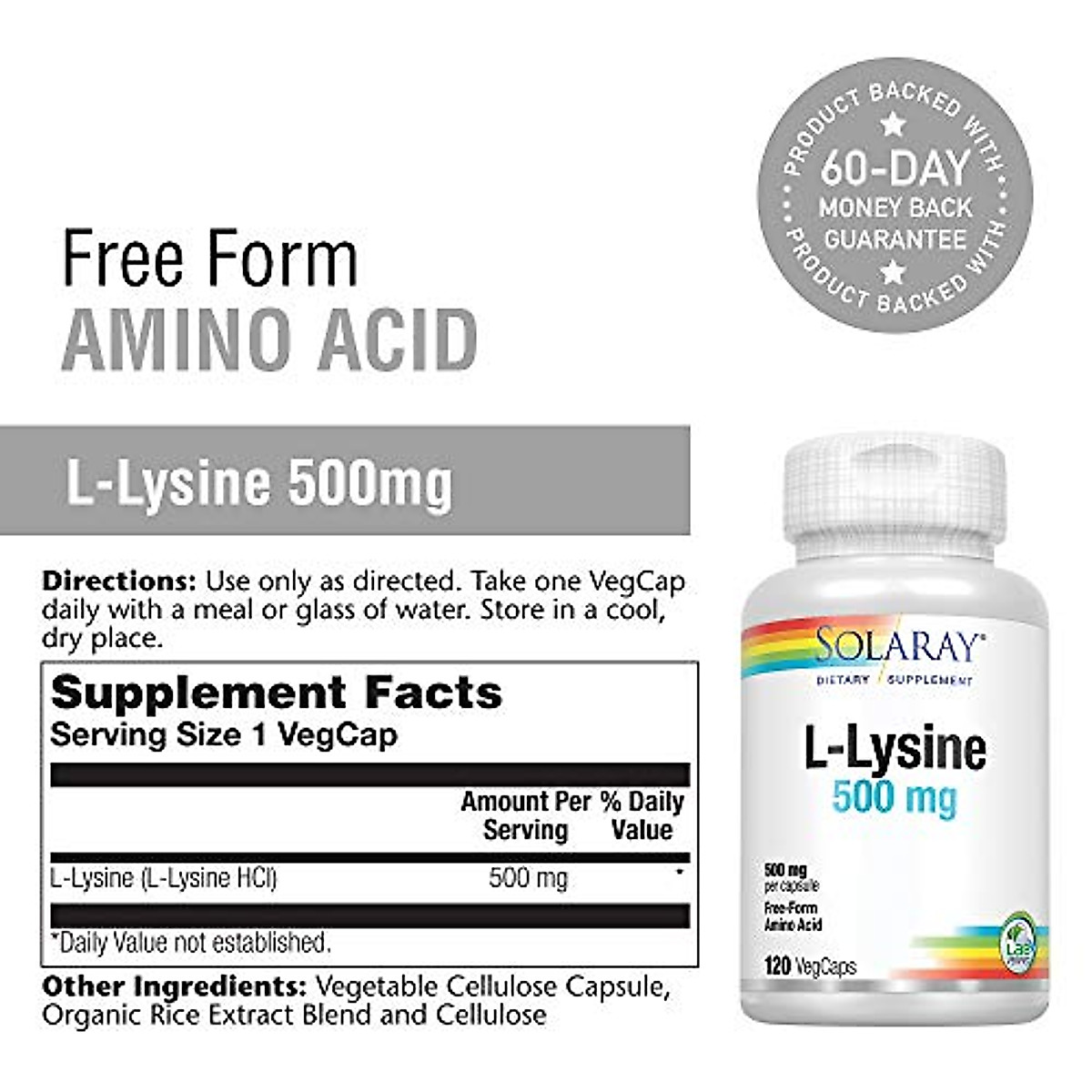 SOLARAY L-Lysine 500mg | Amino Acid | Healthy Cognitive, Immune System & GI Function, Bones, Joints & Skin Support | 120 VegCaps