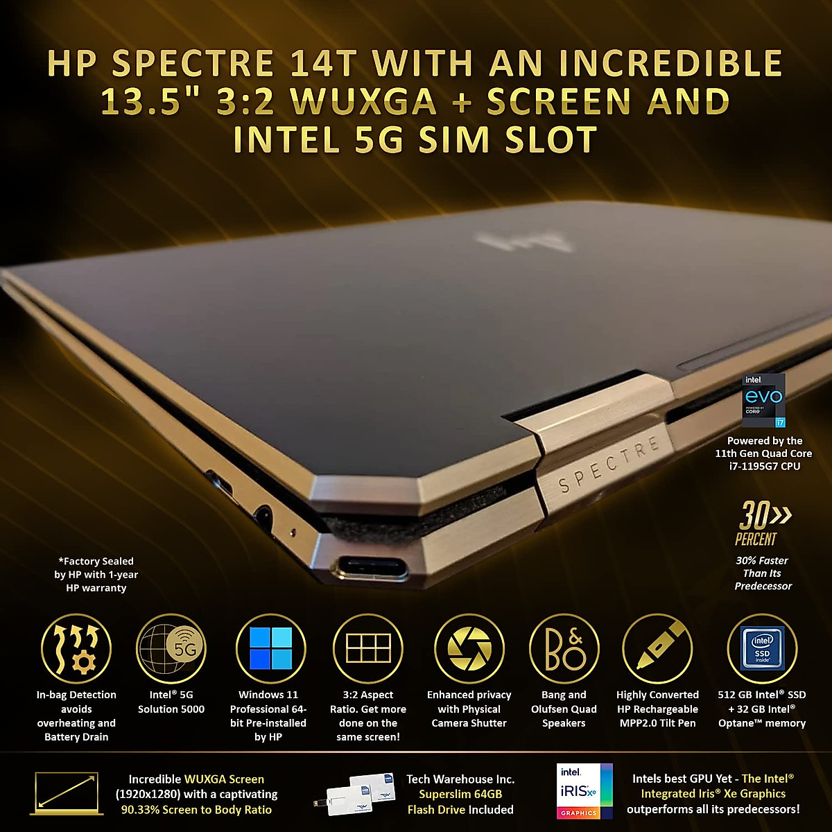 HP Spectre x360 Luxury 14T, 13.5" 3:2 WUXGA Touch, Intel i7-1195G7, 16GB RAM, 512GB SSD+32GB Optane, Intel 5G nanoSim Slot, Fingerprint, Tilt Pen, Black, Win 11 Pro, 64GB TechWarehouse Flashdrive