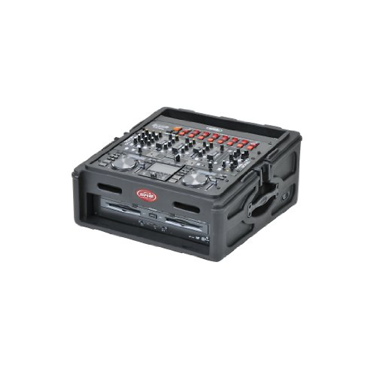 SKB Cases 1SKB-R102 10x2 Roto Rack/Mixer Console, 10U Slanted Rackmount on top, 2U rackmount in front, Steel Threaded Rails, Hard Lid and Doors, Side Access Ports for Cable Routing