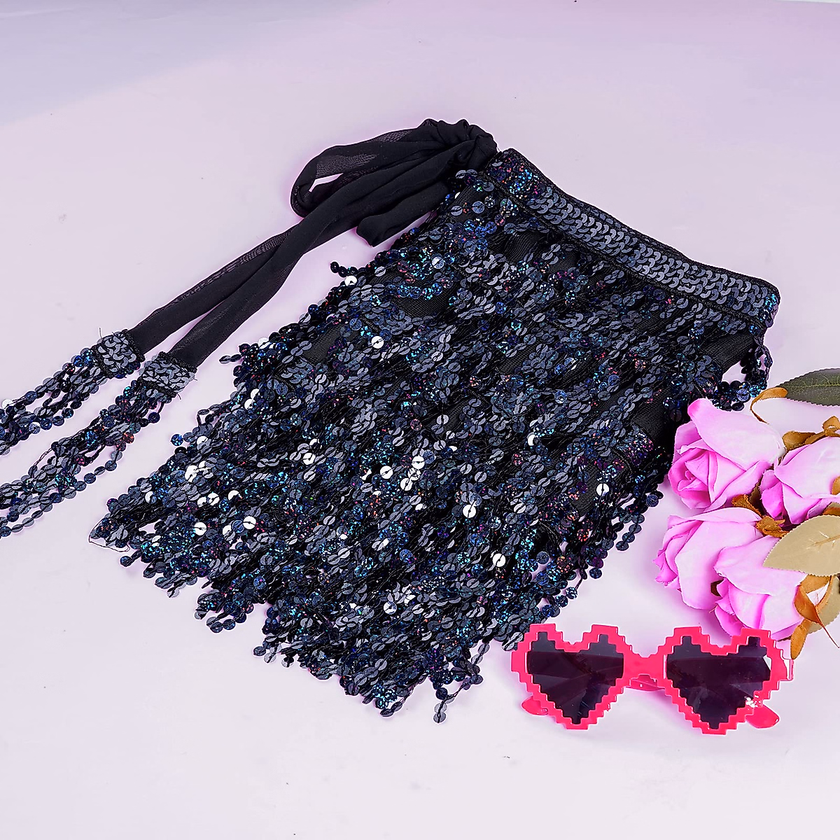 Belly Dance Hip Scarf Sequin Tassel Skirt Performance Outfits Sparkly Fringe Skirt Wrap Halloween Costume Party Rave Festival Clothing for Women and Girls, Black