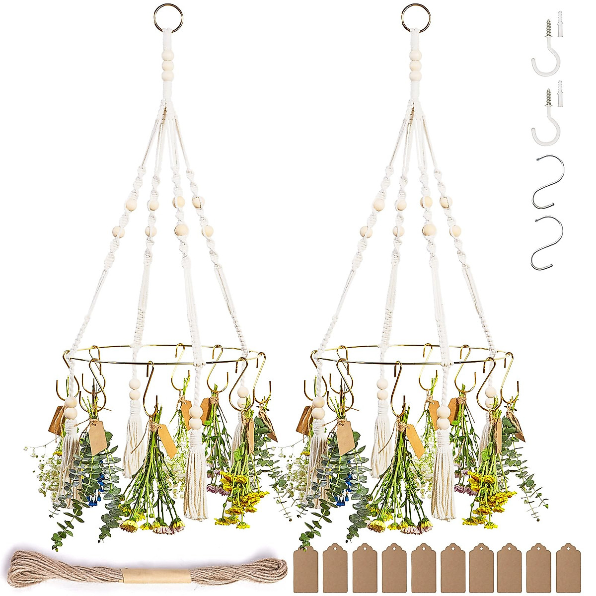 PROTITOUS 2pack Herb Drying Rack with 20pcs Golden Herb Dryer Hooks and 25PCS Brown Gift Tags and 32ft Natural Jute Twine herb Dryer,herb Dryer,Hanging Herb Dryer Rack(tassels style)