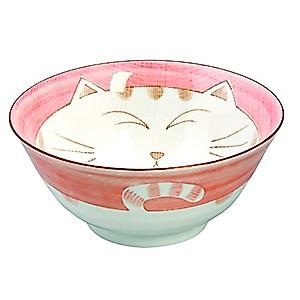 JapanBargain 2482, Japanese Porcelain Soup Bowl for Dinner Lunch Rice Poke Donburi Udon Ramen Noodle Pasta Cereal Maneki Neko Smiling Lucky Cat Pattern for Cat Lovers Made in Japan, 6-inch, Pink