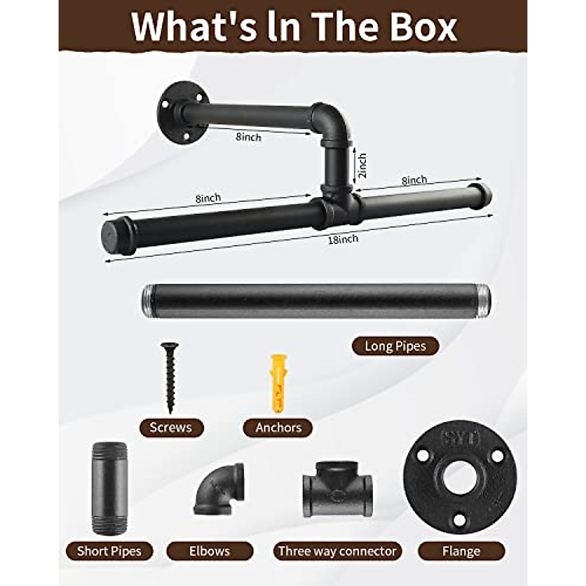 MUZIK 18 inch Industrial Pipe Clothes Rack, Heavy Duty Wall Mounted Garment Racks for Bathroom Cabinet Boutique Clothing Store, 2 Pack