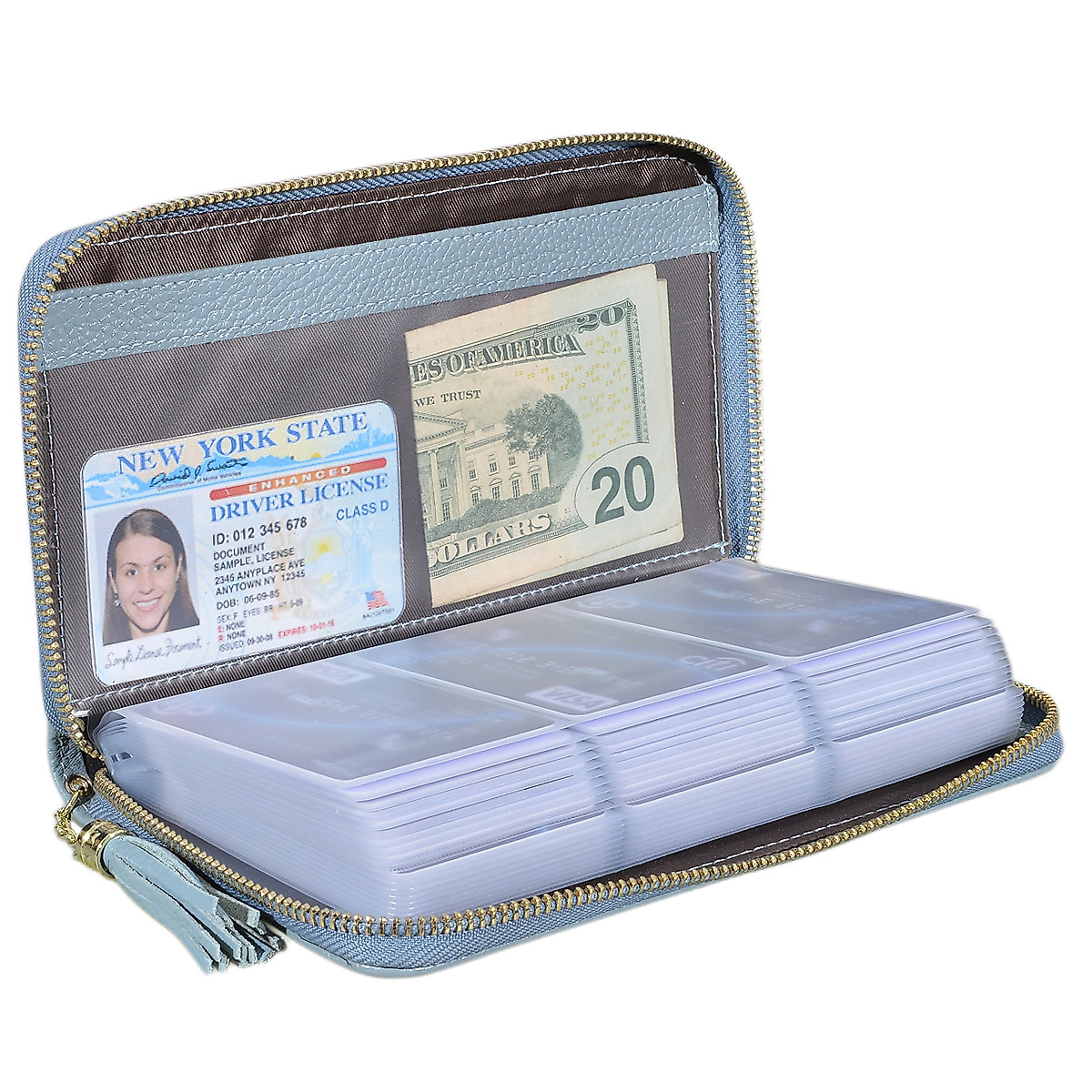 Easyoulife Credit Card Holder Wallet Womens Zipper Leather Case Purse RFID Blocking (Light Blue)