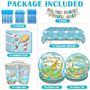 192Pcs Oh The Places You' ll Go Decorations Oh The Places Party Decorations Oh The Places You'll Go Banner with Plates and Napkins for Kindergarten Graduation Party Supplies 2024