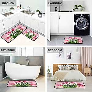 ALAZA Happy Mother's Day Pink Tulip Flower Floral 2 Piece Kitchen Rug Floor Mat Set Runner Rugs Non-Slip for Kitchen Laundry Office 20" x 28" + 20" x 48"