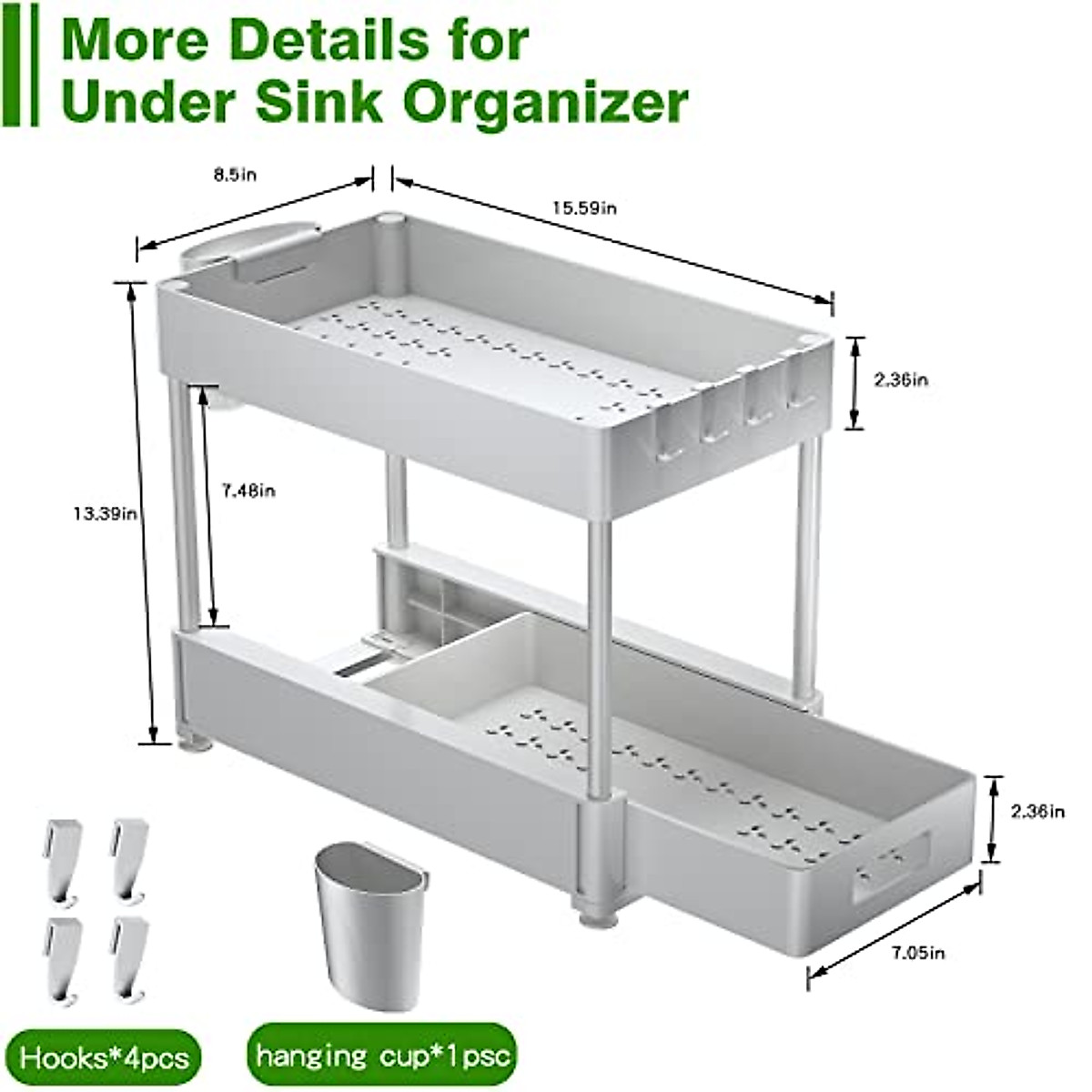 Under Sink Organizers and Storage 2 Pack, ZOMILB Bathroom Organizer 2-Tier Sliding Kitchen Cabinet Organization with Hook, Hanging Cup, Multi-purpose Under Sink Shelf Organizer for Home Storage, White