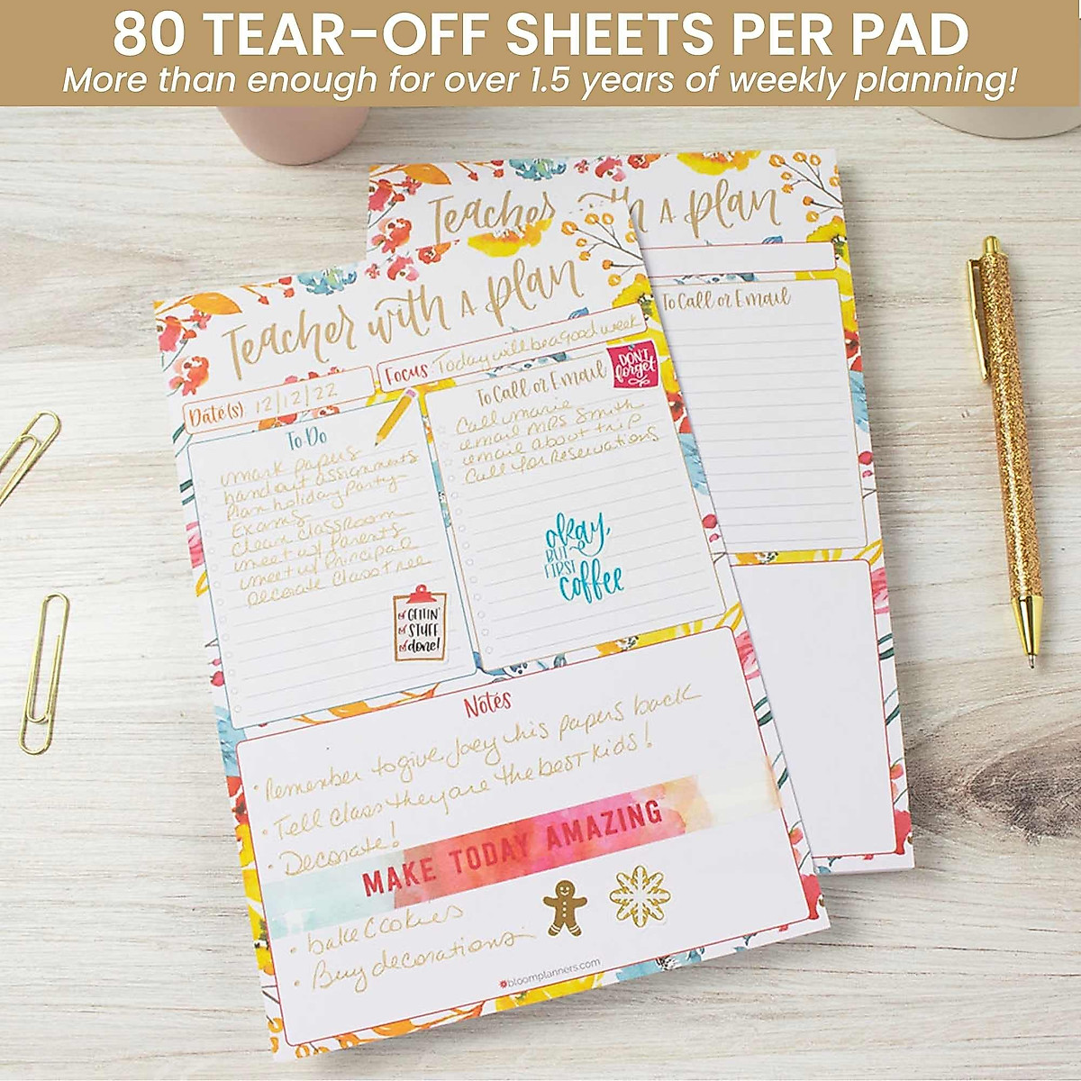 bloom daily planners Teacher To-Do List Daily Planning Pad - Teacher Appreciation Gift & Task Productivity Organizer - School Tear-Off Notepad for Classroom or Homeschool (6” x 9”) - Happy Blooms