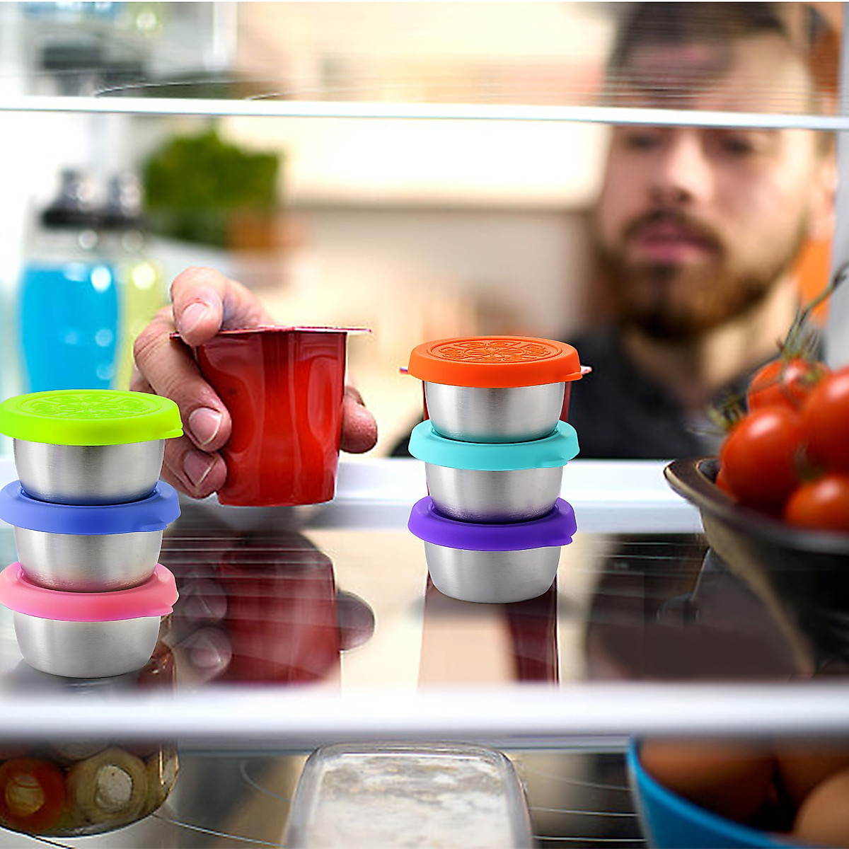 MONGSEW 6PCS Salad Dressing Container To Go, Small Condiment Containers with Leakproof Silicone Lids, Stainless Steel Condiment Containers for Lunch Bento Box, Work, School, Picnics (1.7oz each