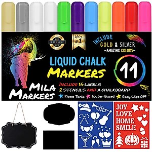Mila 11 Multicolored Liquid Chalk Markers | Includes Mini Chalkboard, 16 Labels & 2 Stencils | Erasable, Non-Toxic, Water-Based | 6 mm Reversible Tip | On Glass, Blackboards & More | For Kids & Adults