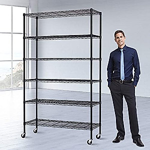 Storage Shelves Heavy Duty 6 Tier Wire Shelving Unit with Wheels Adjustable Metal Wire Shelf 48" L×18" W×82" H Standing Garage Shelves 2100 Lbs Weight Capacity Multifunctional Home Storage Rack, Black