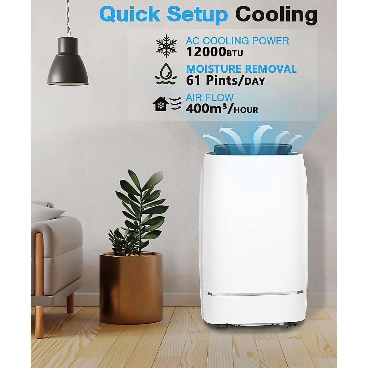 Joy Pebble Portable Air Conditioner, 12000 BTU for Room up to 550 sq. ft, Dehumidifier & Fan, Portable AC with 3 Fan Speeds, Automatic Louver Sweep,24H Timer, Remote Control, ECO