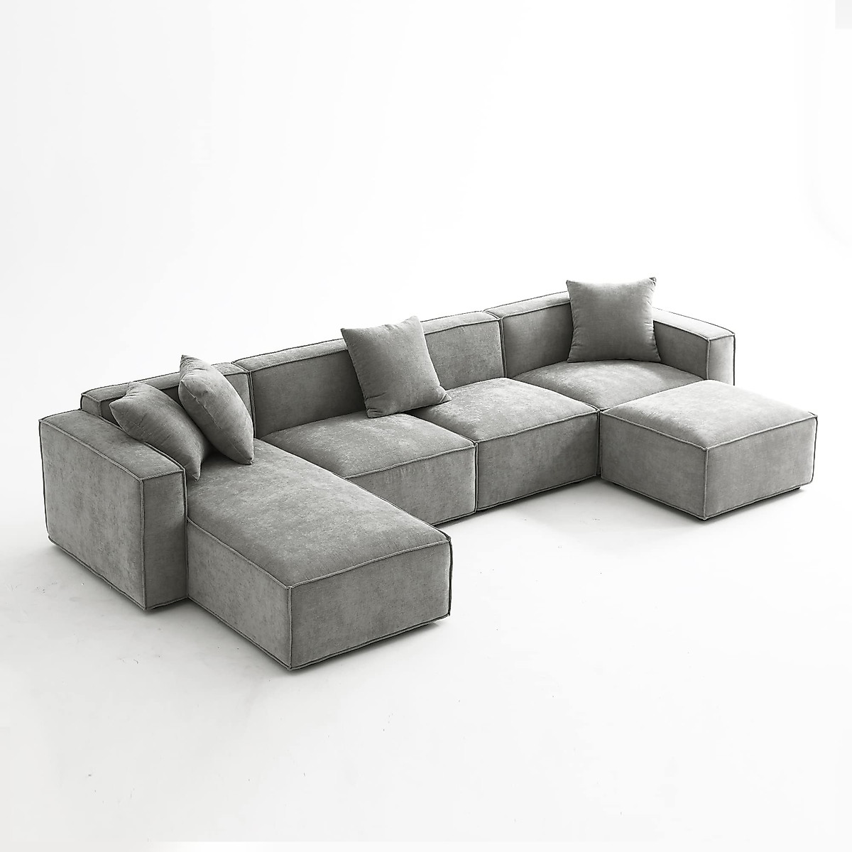 Acanva Luxury Modular Sectional Living Room Sofa Set, Modern Minimalist Style Couch with Ottoman and Chaise, U-Shape, Chenille Grey