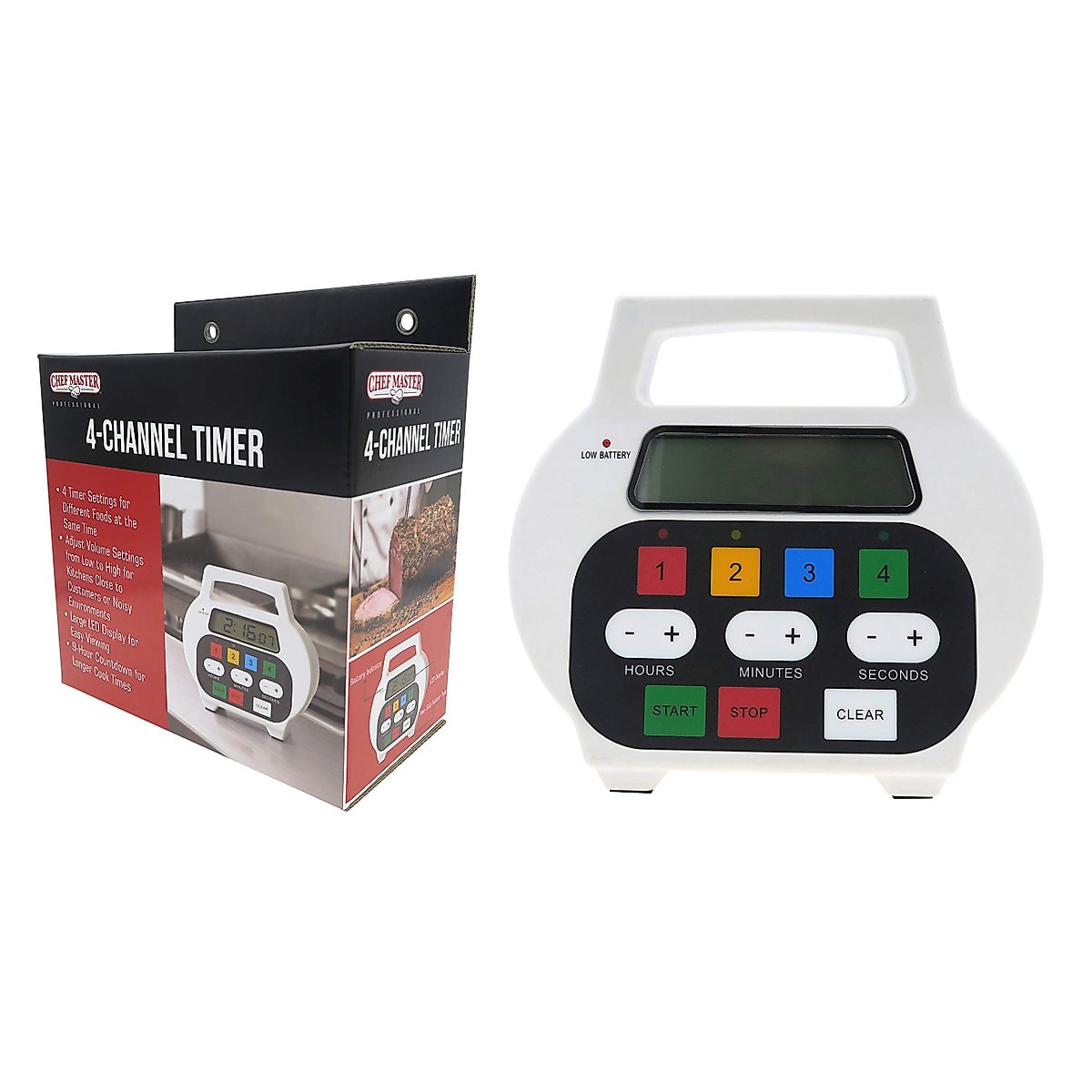 Chef Master 90218 Kitchen Timer, Timers for Cooking, Digital Timer, Cooking Timer, 4-Channel Timer, Egg Timer, Study Timer, Desk Timer with Large Display with Up to 10 Hour Count Down