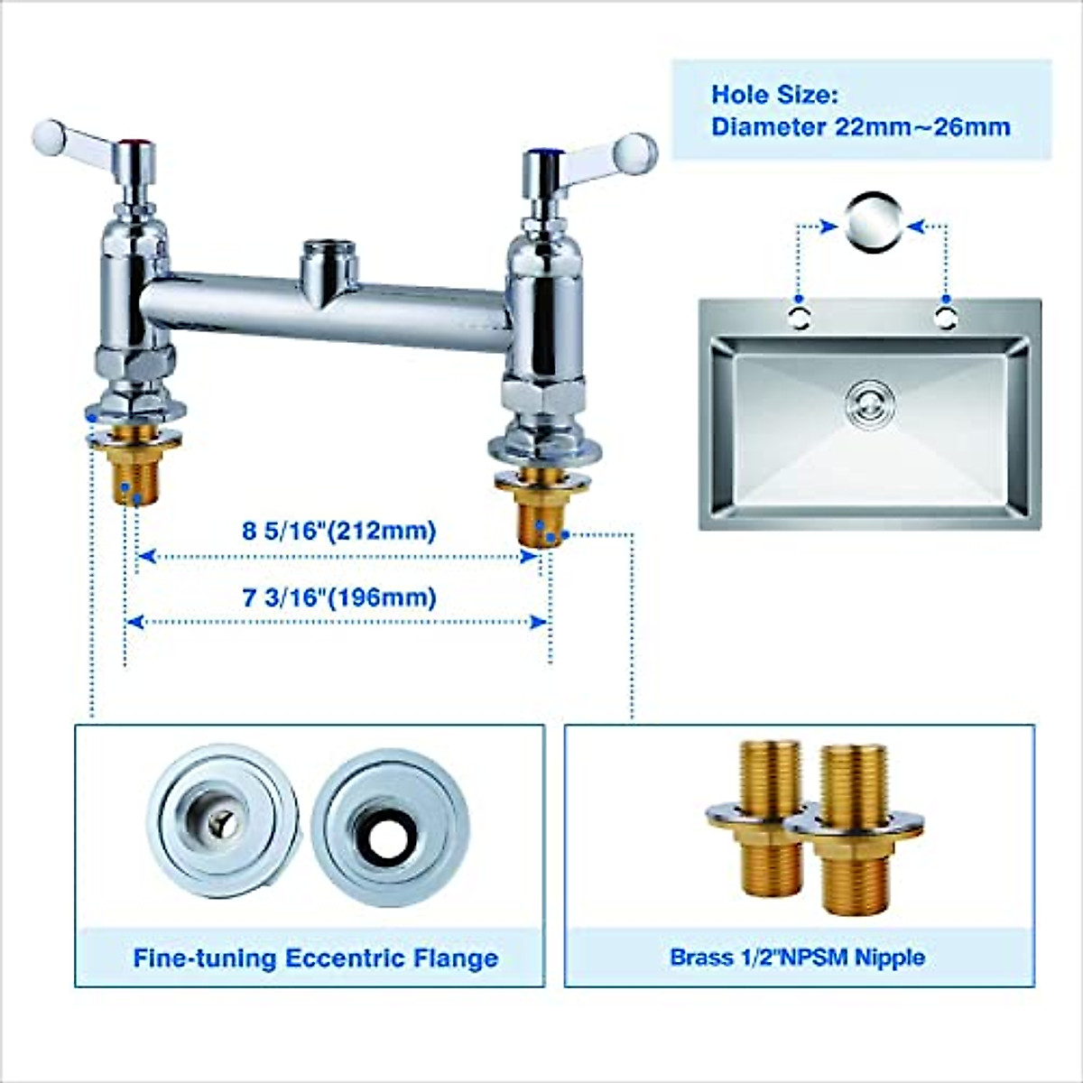 MaxSen Commercial Sink Faucet with Sprayer 8 Inch Center Deck Mount Pre Rinse Faucet 25 Inch Height Restaurant Kitchen Faucet Polished Chrome with Pot Filling and 8 Inch Add On Spout.