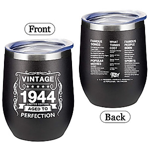 80th Birthday Gifts for Women and Men - 1944 80th Birthday Decorations - 12 Oz Insulated Stainless Steel Wine Tumbler with Lid for Her Wife Mom Grandma Aunt Friend, Black