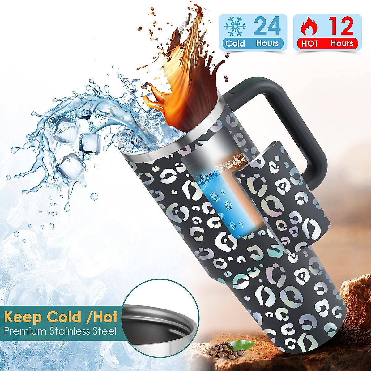 PIMDIR 40oz Leopard Tumbler with Handle Straw Lid, Stainless Steel Vacuum Insulated Reusable Travel Mug Keep Drinks Cold Ice Gym Cup, Gifts for Women Lovers, Car Holder Friendly, Gray