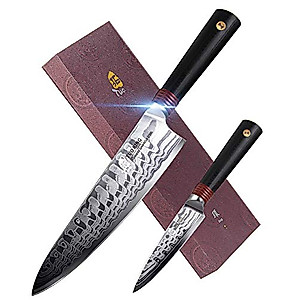TUO Damascus Kitchen Knife Set, 8" Chef Knife and 3.5" Peeling Paring Knife, Japanese AUS-10 High Carbon Steel, Full Tang Military Grade G10 Handle, Dishwasher Safe Ring-D Series, 2-Piece