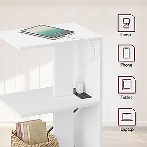 Yusong End Table with Charging Station, Narrow Side Tables for Small Spaces with USB Ports & Outlets Skinny Nightstand Bedside Sofa Couch Side Slim 3 Shelf Night Stand for Living Room, Bedroom,White