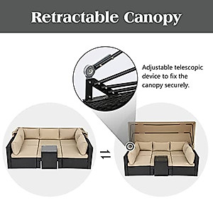 MAGIC UNION 7 Pieces Patio Furniture Sets Daybed with Retractable Canopy, Outdoor Rattan Sectional Sofa Set, Wicker Patio Seating Chairs with Adjustable Backrest for Backyard,Garden,Poolside (Khaki)