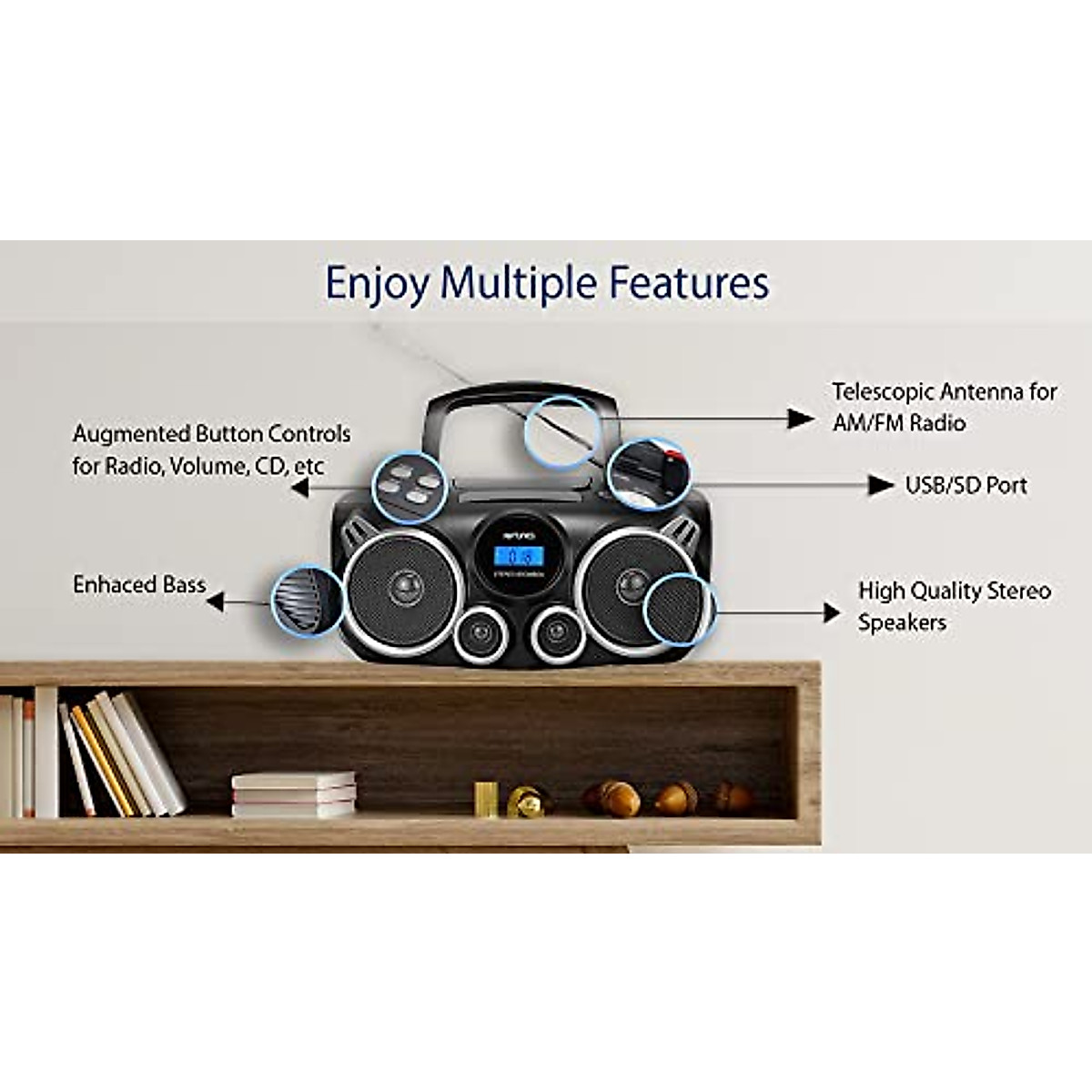 RIPTUNES Portable CD Player Bluetooth Stereo Sound System Digital AM FM Radio, MP3 CD Boombox USB SD PALYBACK with Enhanced Bass, Aux in, Headphone Jack, CD-R/CD-RW Compatible LCD CLOCK Display, Black
