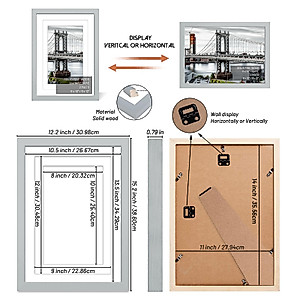 UHFWIFR 11x14 Picture Frames Solid Wood Display Pictures 9x12 or 8x10 with Mat or 11x14 Frame without Mat Poster Photo Frame Art with 2 Mats for Wall Mounting or Table Top(Gray)