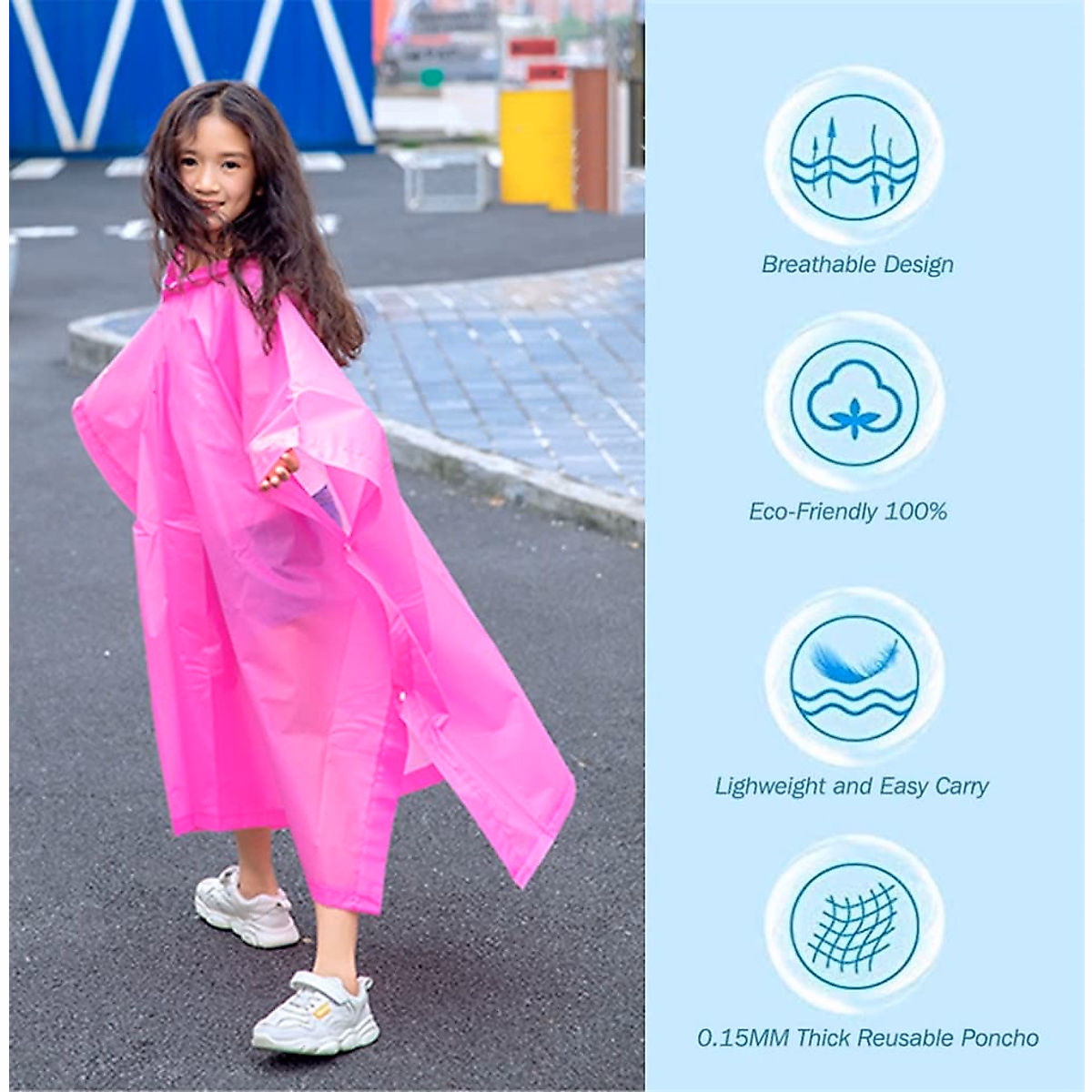 YUNLOVXEE Rain Poncho Raincoats for Kids Reusable - 2 Pack EVA Waterproof Rain Coat with Hood Rain Jacket for Boys Girls (US, Alpha, One Size, Regular, Pink+Blue)