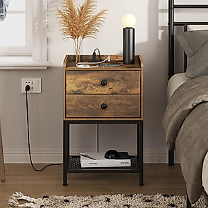 HOSEOKA Nightstand with Charge Station and USB Ports, Modern Bedside Table with 2 Drawers & Storage Shelves, Wooden Accent Night Stand with Metal Frame, Vintage End Table for Bedroom, Brown