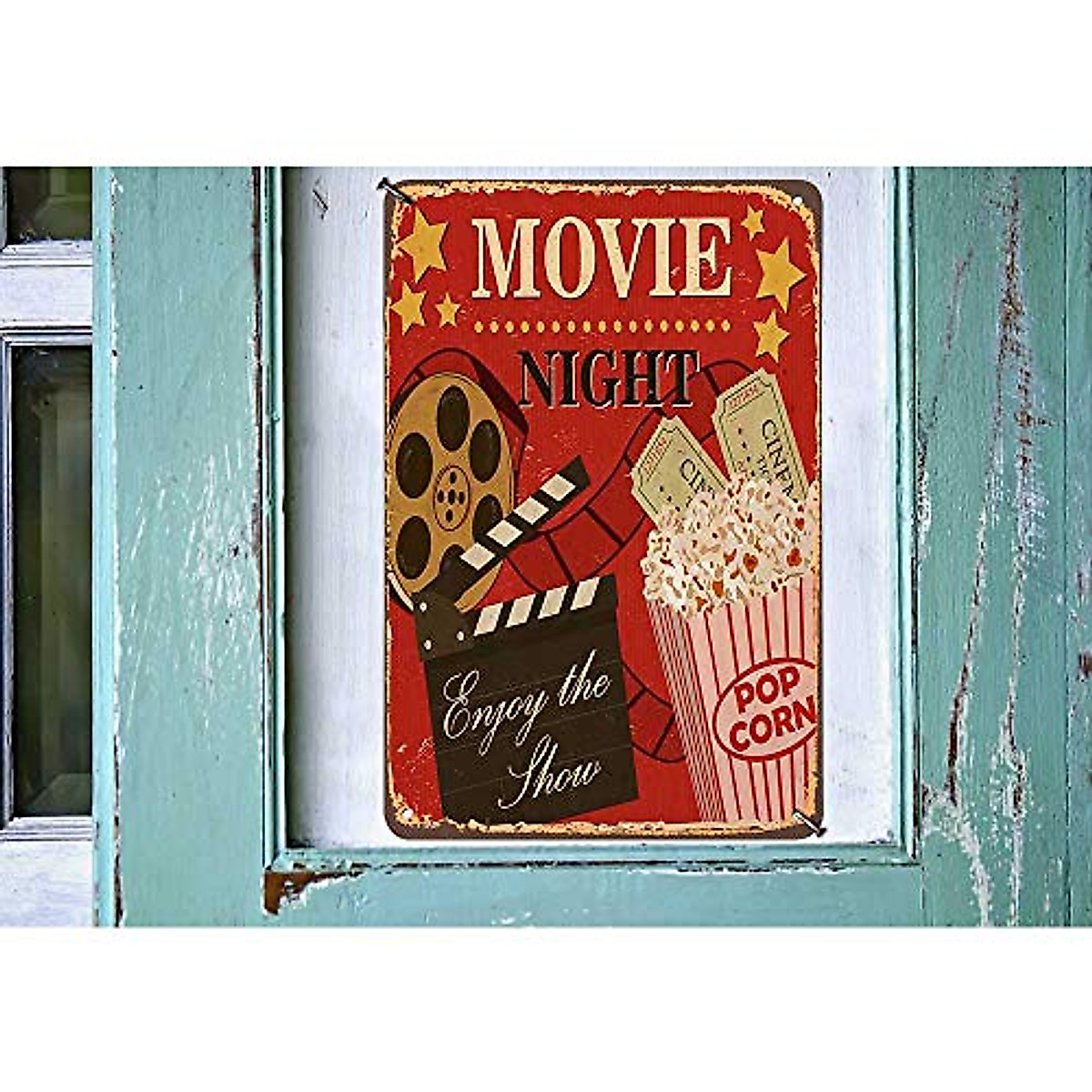 HOSNYE Movie Night Poster Tin Sign Enjoy The Show with Popcorn Red Background Vintage Metal Tin Signs for Men Women Wall Art Decor for Home Bars Clubs Cafes 8x12 Inch