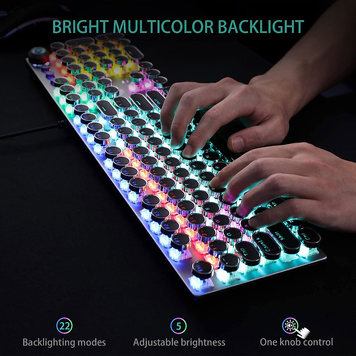 AULA F2088 Typewriter Style Mechanical Keyboard,Rainbow LED Backlit,Tactile Brown Switches,Removable Wrist Rest,Media Control Knob,Retro Round Keycaps,USB Wired PC Game Keyboard