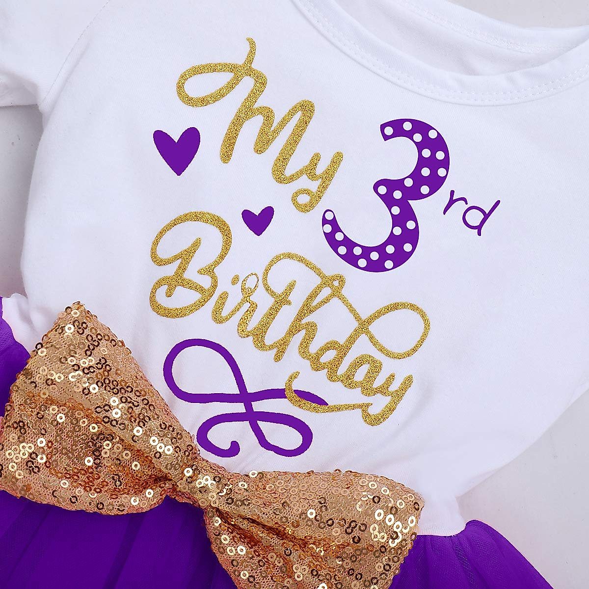 ODASDO Toddler Kids Girls My 3rd Third Birthday Party Dress Sequin Bowknot Headband Cake Smash Outfit Summer Cotton Short Sleeve A-line Tulle Tutu Princess Skirt Photo Props Purple 3 Years