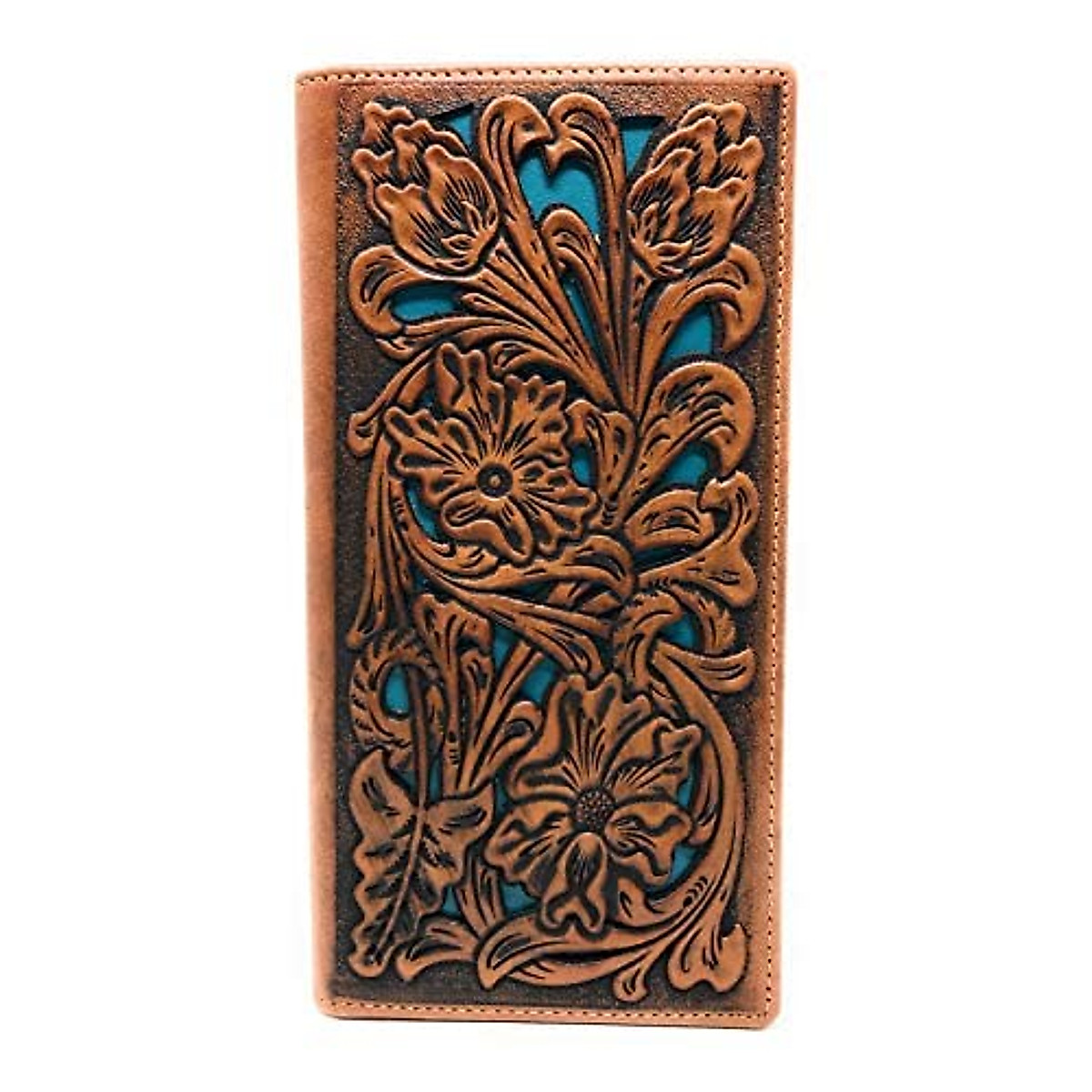 Western Genuine Leather Tooled Laser Cut Men's Long Bifold Wallet in 3 colors (Brown/Turq) Brown/Turquoise