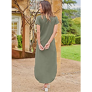 Prinbara Women's Casual Loose Sundress Long Dress Short Sleeve Split Maxi Dresses Cover Up Long Cami Maxi Dresses with Pockets 2PA22-ganlanlvyinzi-S